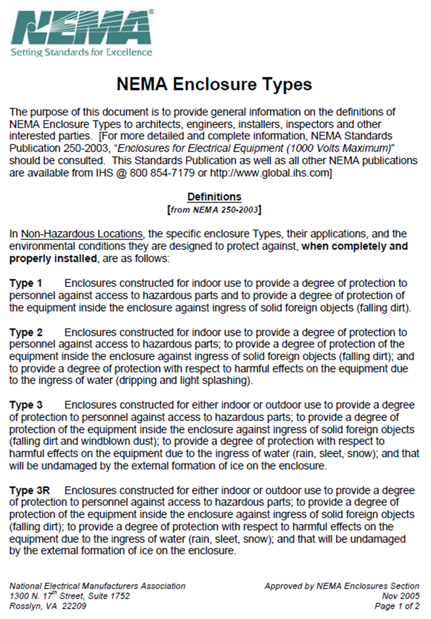 What are the NEMA ratings for electrical enclosures?