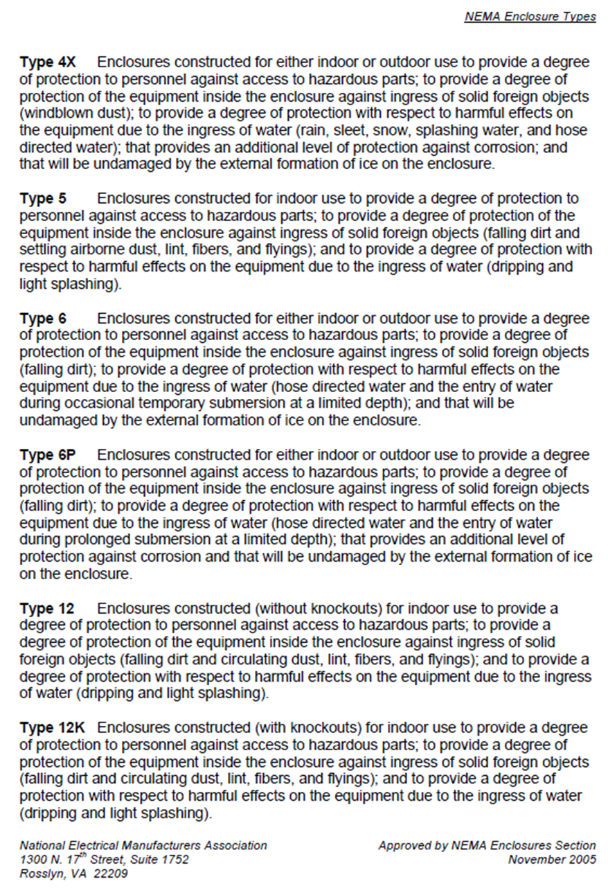 What are the NEMA ratings for electrical enclosures?